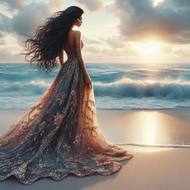 Dall-E Prompt: Gown Sparkling Woman Beach Sunset - Sweet Prompt