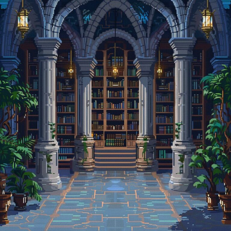 Midjourney Prompt: Fantasy Academia Entry Hall Pixel Art - Sweet Prompt