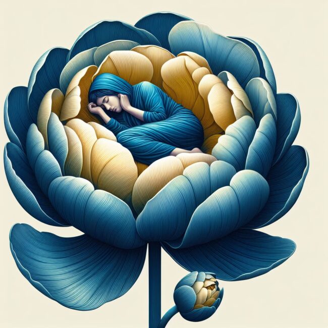 Dall-E Prompt: Woman Sleeping in Blue and Yellow Flower - Sweet Prompt