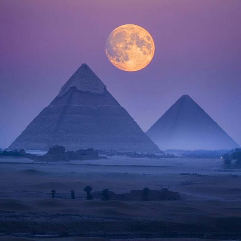 Midjourney Prompt: Bright Full Moon Over Giza Pyramids - Sweet Prompt