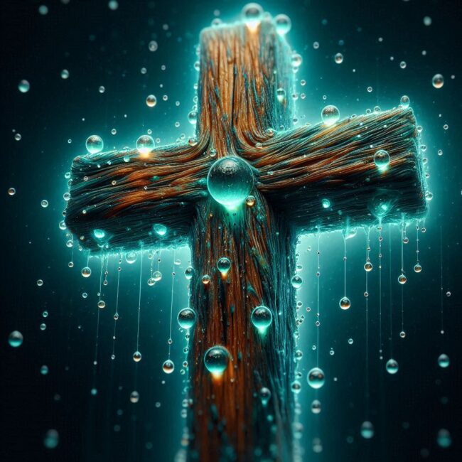 Dall-E Prompt: Bioluminescent Wooden Cross with Water Drops - Sweet Prompt