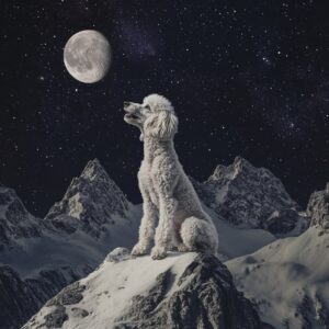 Midjourney Prompt: Poodle Howling at Moon on Mountain - Sweet Prompt