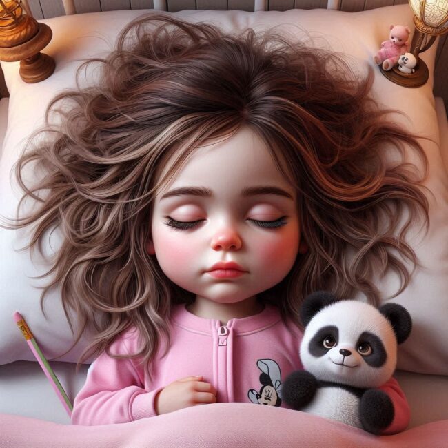Dall-E Prompt: Sweet Cartoon Girl in Pink Pajamas with Panda - Sweet Prompt