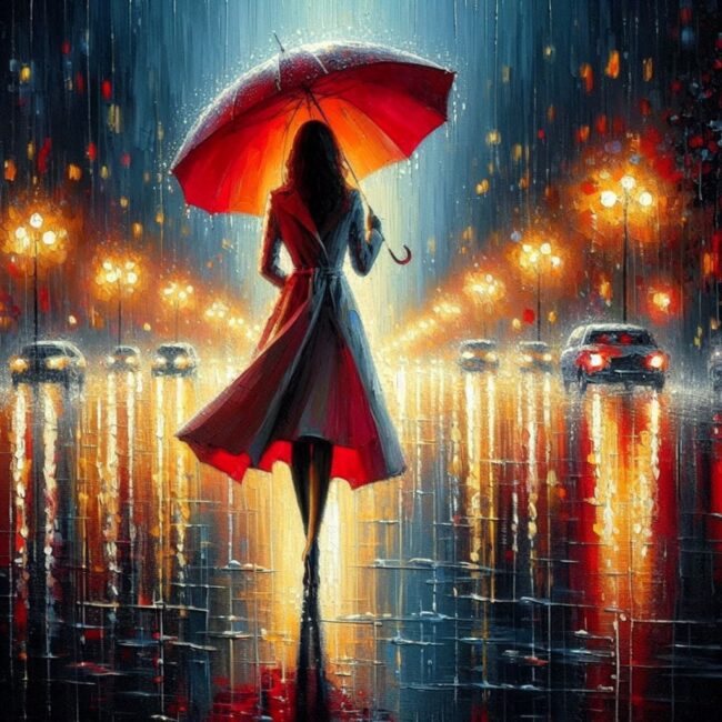 Dall-E Prompt: Beautiful Woman Painting Urban Rain Night - Sweet Prompt