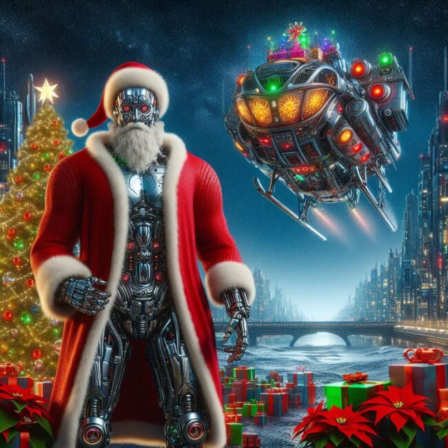 Dall-E Prompt: Robot Santa in Futuristic Christmas City - Sweet Prompt